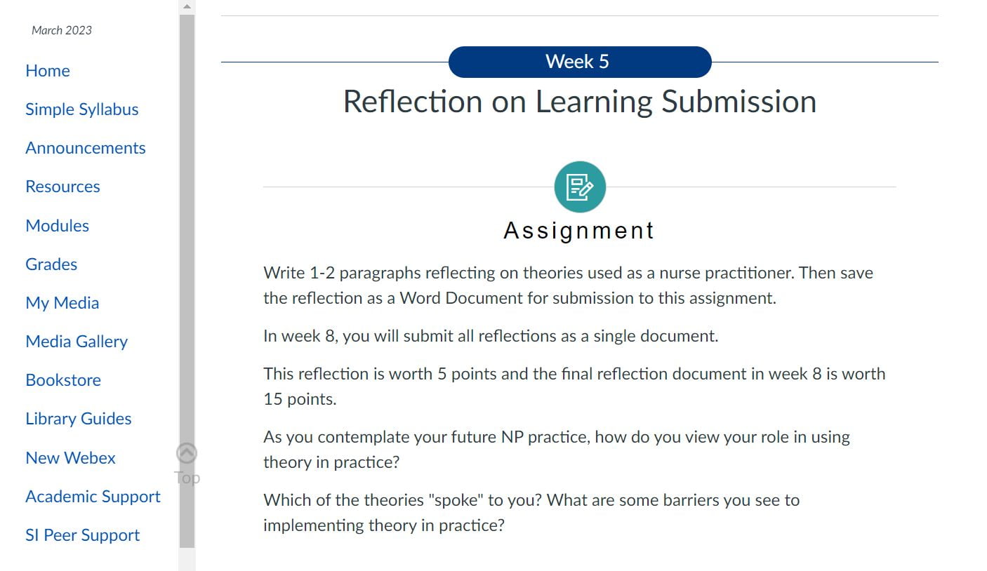 (Answered) NR501NP Week 5: Reflection on Learning Submission - Scholarly Guider