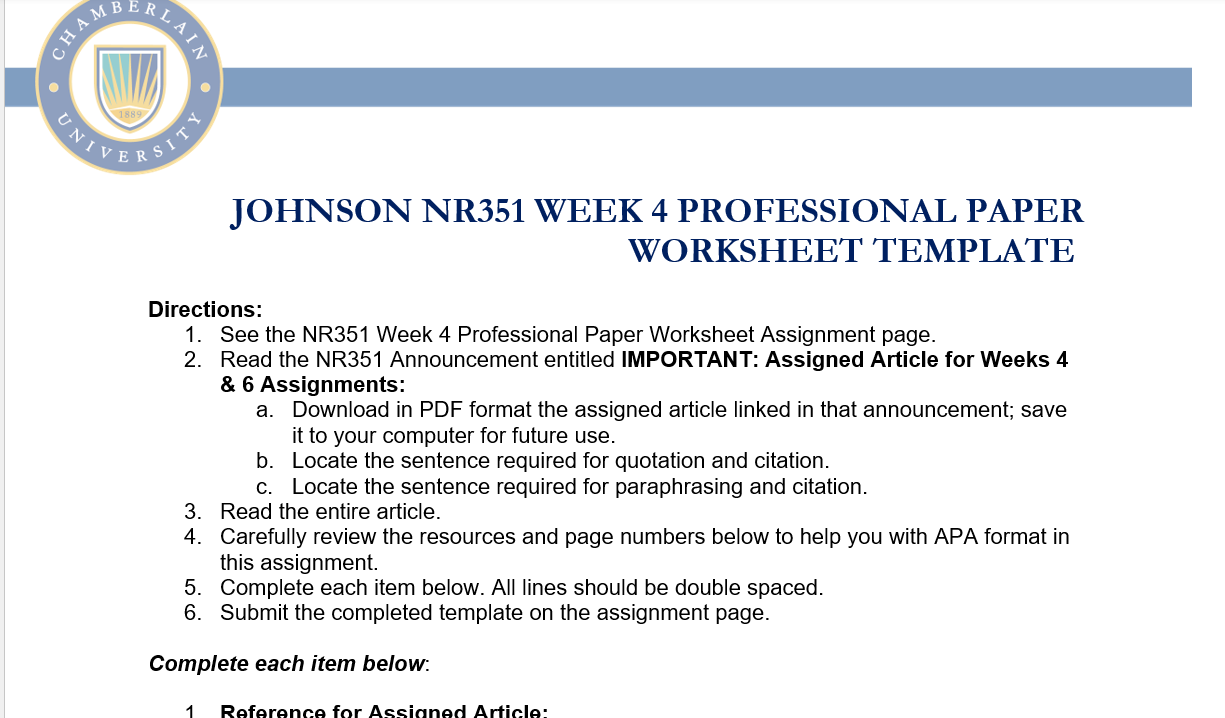 SOLUTION: NR351 Week 4: Assignment: Professional Paper Worksheet ... SOLUTION: NR351 Week 4: Assignment: Professional Paper Worksheet ...
