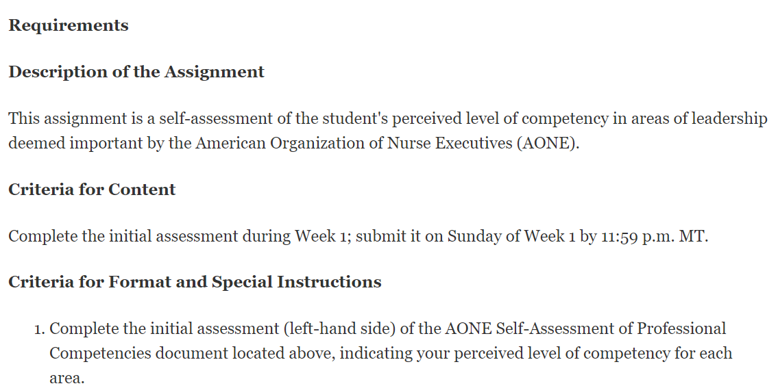 ANSWER: NR631 Week 1: Initial AONL Nurse Executive Competency Self ...