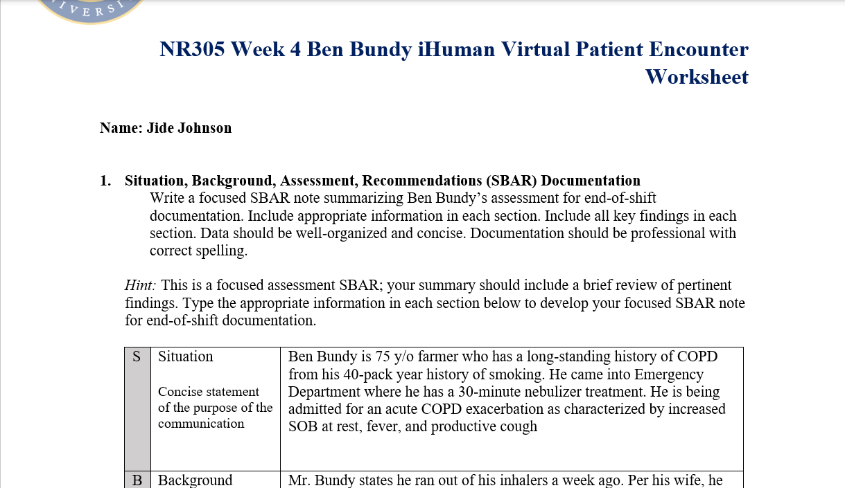 (Solved) NR305 Week 4 Assignment: Ben Bundy iHuman Virtual Patient ... (Solved) NR305 Week 4 Assignment: Ben Bundy iHuman Virtual Patient ...